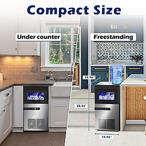 Kikihuose Commercial Ice Maker Machine, 100Lbs/24H Ice Production Under Counter Ice Maker, Tap Water & Top Loading Freestanding Ice Machine, 45 Ice Cubes/Cycle, Include Ice Scoop, Connection Hose