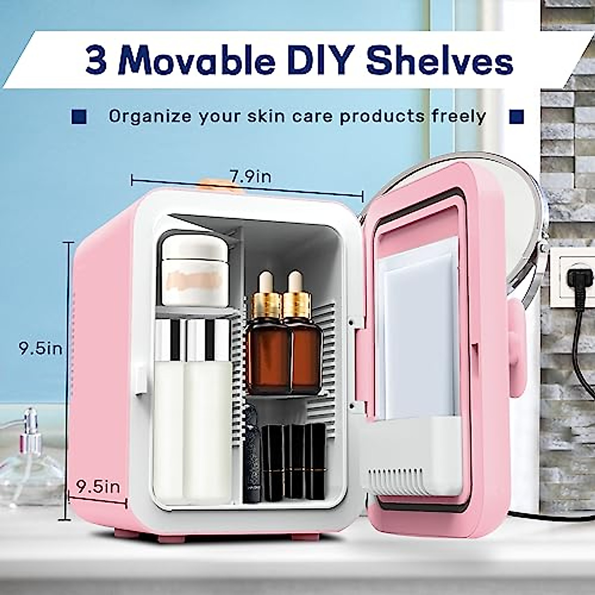 Aidek Cosmetic Makeup Mini Fridge for Skin Care, 4L Portable Beauty Fridges DIY Shelves for Bedroom, Dorm, Office, Small Refrigerator, AC/DC12v Car Cooler for Desktop and Travel (Rose Pink)