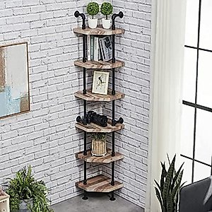 HOMBAZAAR Industrial Corner Bookshelf 6-Tier Modern Ladder Shelf, Vintage Metal Pipes and Wood Shelves, Rustic Display Bookshelf for Storage Collection