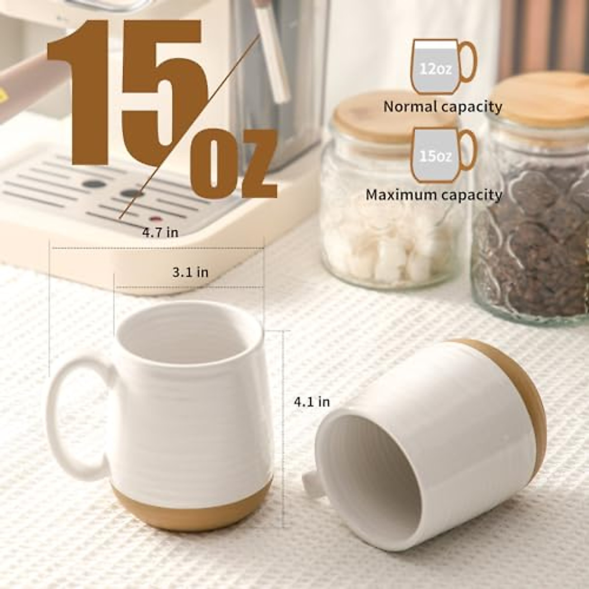 Hasense Coffee Mugs Set of 4, 15 oz Ceramic Coffee Cups with Comfortable Handle, Large Tea Cups for Coffee, Soup, Latte, Mug Set Gift for Wedding, Microwave and Dishwasher Safe, White