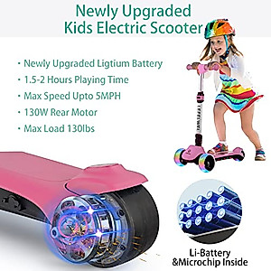 Kids Electric Scooter, 3 Wheel Electric Scooter for Toddlers Boys Girls, Flashing LED Deck & Wheels, 3 Adjustable Height, Lean-to Steer Design, Foldable Scooter for Kids Ages 3-9 Unique Gift (Pink)