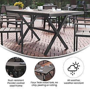 Flash Furniture Finch Commercial Grade X-Frame Outdoor Dining Table 59" x 35.5" with Faux Teak Poly Slats and Metal Frame, Gray/Gray
