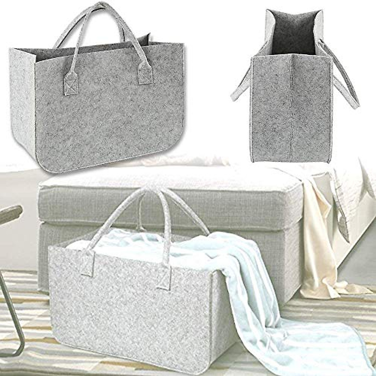 Xinshang Firewood Basket Storage Felt Bag Shopping Basket Grey Magazine Rack Basket with Handle for Carry Wood Toys Newspaper