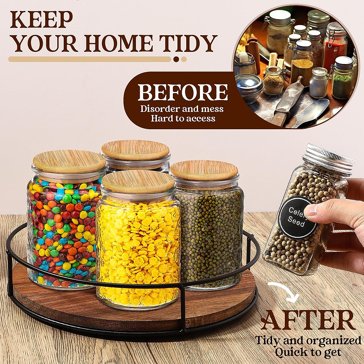 Wesiti 6 Pack Lazy Susan Organizer 9 Inch 10 Inch Wood Lazy Susan Turntable with Steel Edges 360 Degree Kitchen Countertop Organizer for Cabinet Pantry