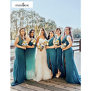 Women's V Neck Chiffon Bridesmaid Dresses with Slit Long Mermaid Formal Party Dresses Ruched Prom Dress Wisteria Size 14