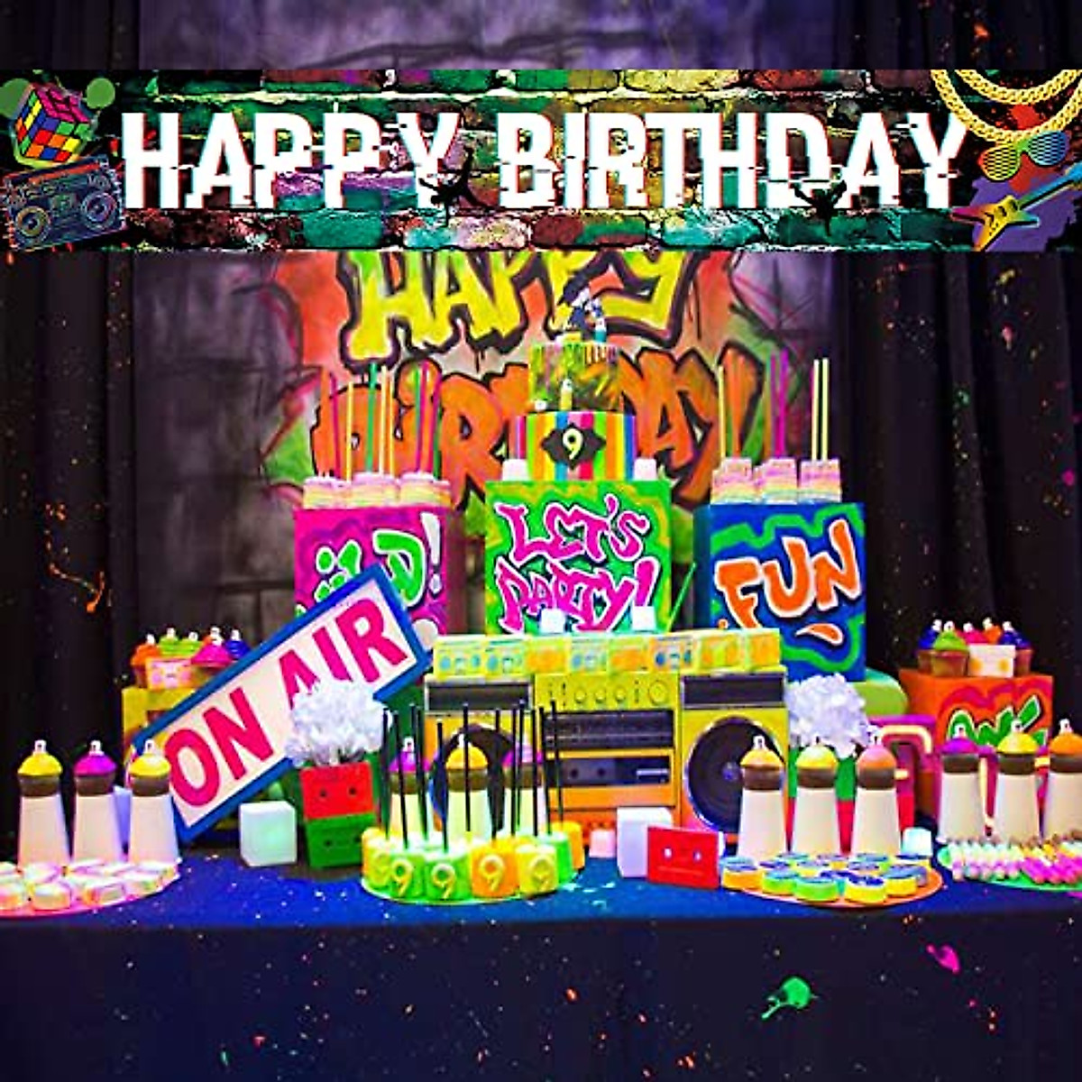 MEFENG 80's 90's Birthday Hip Hop Theme Happy Birthday Backdrop Radio Fashion Colorful Birthday Decorations -9.8x1.6 ft.