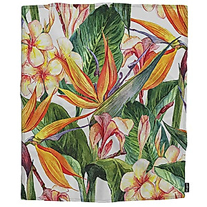 Mugod Tropical Flowers Throw Blanket Seamless Exotic Floral Pattern Bird of Paradise Decorative Soft Warm Cozy Flannel Plush Throws Blankets for Bedding Sofa Couch 60 X 80 Inch