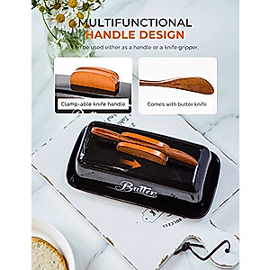 Butter Dish with Lid and Knife Ceramic Butter Holder for Counter Humanized Clamp-able Knife Handle Design, Perfect for East West Coast Butter, Black