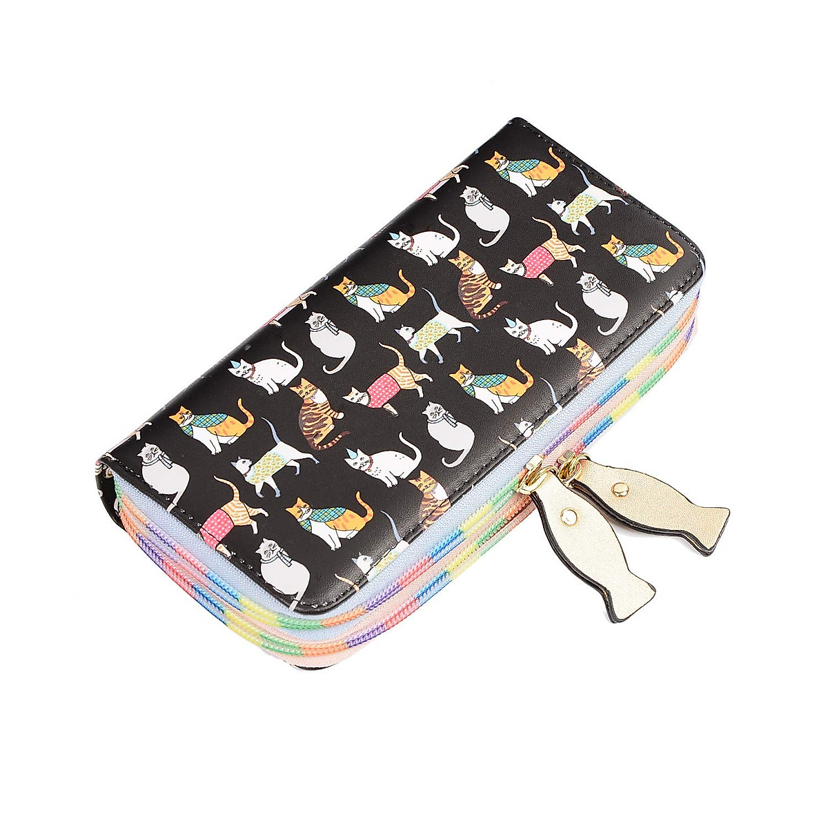 Ecohaso Womens Wallet, Large Capacity Cellphone Wallets Cute Cat Pattern, Double Zipper Long Leather Wristlet Clutch Purse