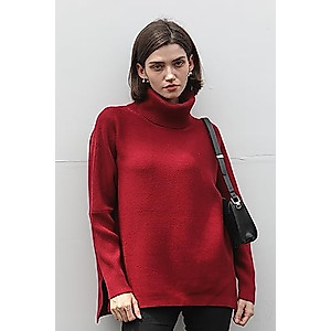 LANYO LILI Women Turtleneck Long Batwing Sleeve Spilt Hem Casual Oversized Pullover Sweater Knit Tops Burgundy