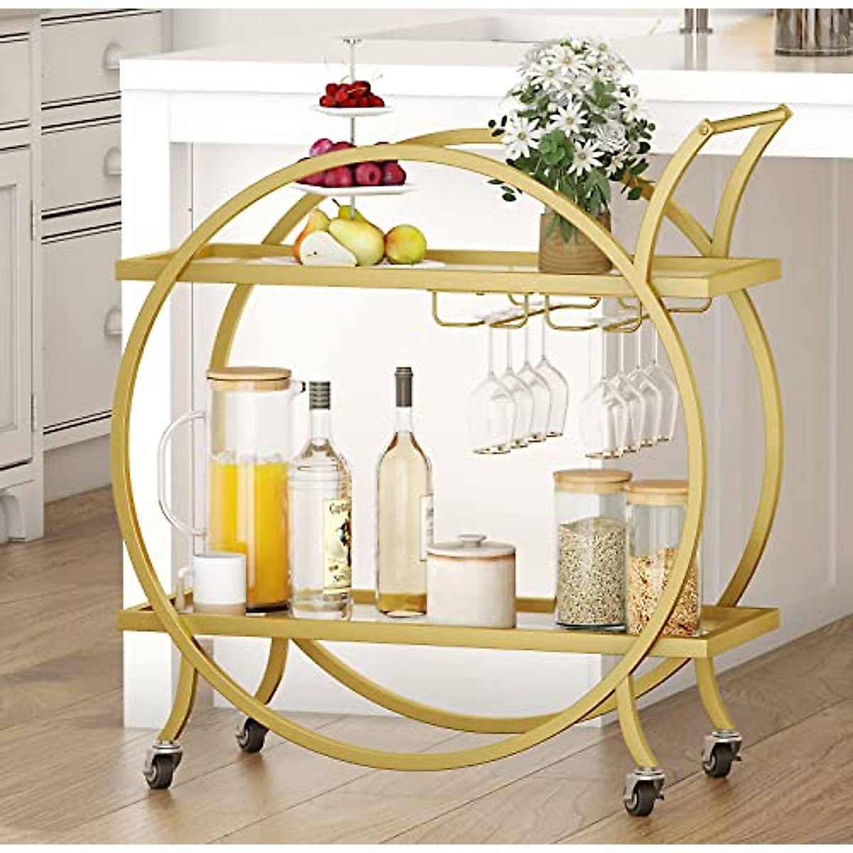 SMARTISBEAUTY Gold Bar Cart, 2-Tier Rolling Mobile Home Bar and Serving Beverage Carts with Glass Holdler, Modern Metal Wine Cart with Lockable Wheels 28" W x 14" D x 31”H