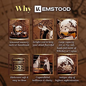Kemstood Globe Whiskey Decanter Set - Etched World Design with Wooden Base & 4 Glass - Ideal for Dignified Drinking, Home Decor - Unique Whiskey Gifts for Men, Father - 850ml Capacity for Long Storage