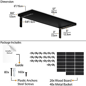 Wallniture Palma 17''x6'' Floating Shelves, Wall Bookshelf for Living Room, Rustic Wood Shelves for Office Decor, Wall Shelves with 5'' Bracket, Set of 20, Black