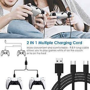 Geekria QuickFit Console Charging Cable, Charger Cord for PS5 Dualsense Controller, Y-Splitter USB C Fast Charger Cable, 2 in 1 Multiple Charger Cord for Playstation 5 / Xbox Series X (10FT)