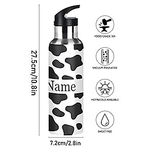 Custom Water Bottle Black and White Cow Print Stainless Steel Vacuum with Name Personalized Name Insulated Sport Bottle with Wide Handle
