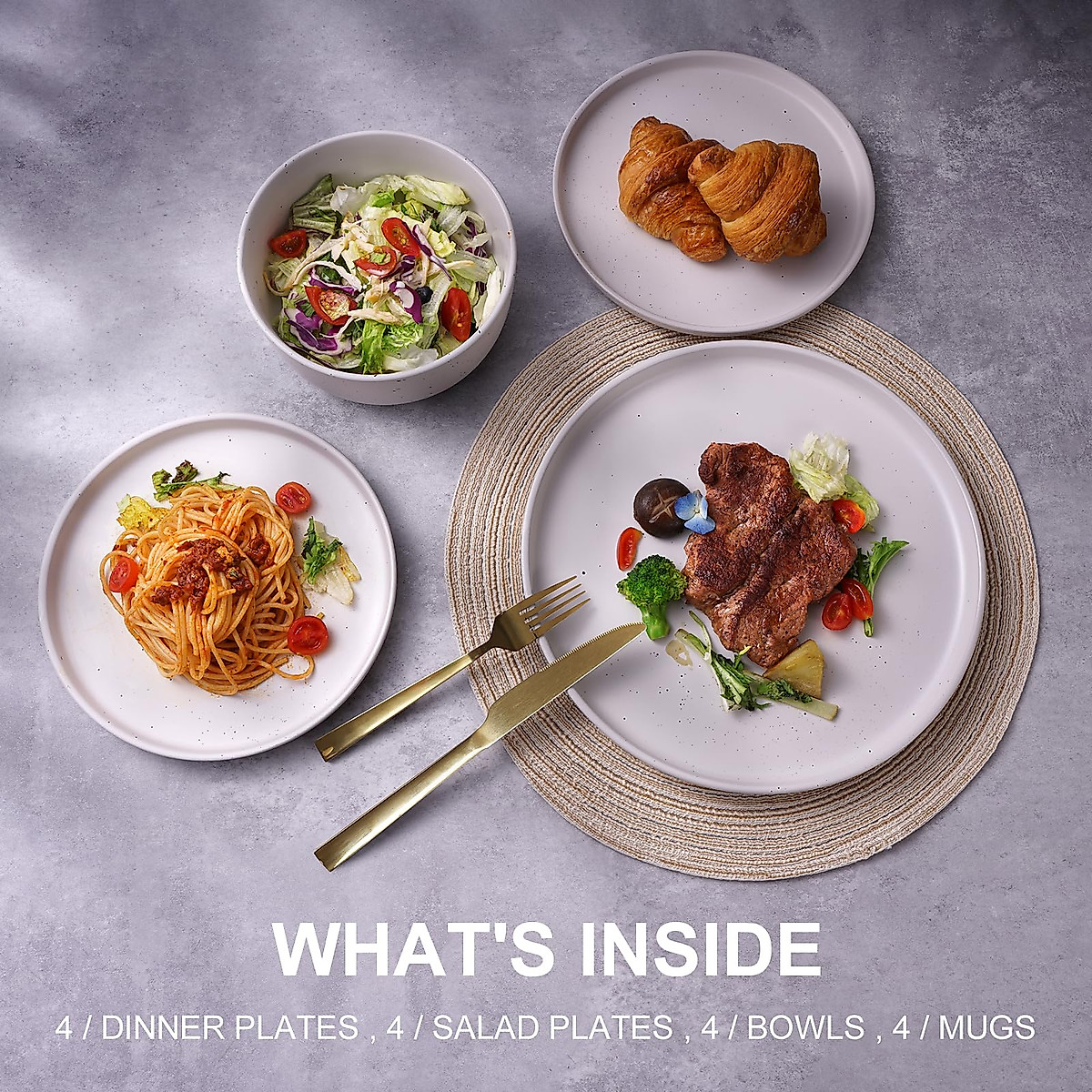 MTLWTL Dinnerware Sets, Dish Set for 4, 16 pieces Ceramic Plates and Bowls Set with Mugs, Microwave, Oven & Dishwasher Safe, White Speckled