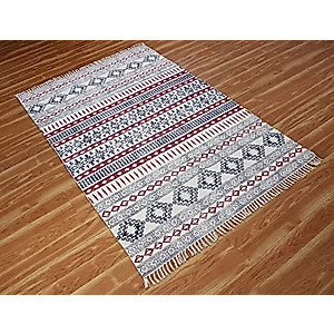 Casavani Hand Block Printed Cotton Dhurrie Geometric Red & Black Area Rug Doormat Floor Rug Indoor Area Rugs for Bedroom Living Room Laundry Room 3x5 Feet