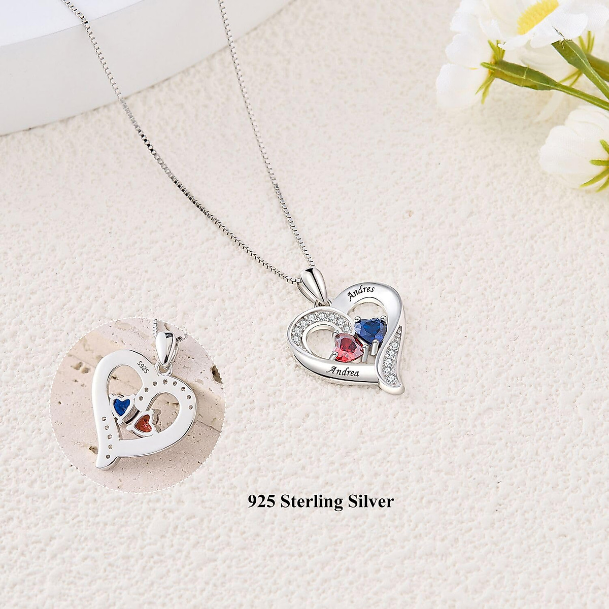 MissNity Sterling Silver Personalized 2 Heart Simulated Birthstone Engraved Names Necklace for Women Mother Pendant Jewelry (Silver - Box chain (CZ))
