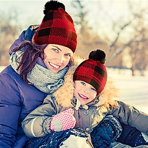 2 Pcs Parent-Child Hats with Pom Pom - Knitted Mom and Baby Matching Outfits Winter Warm Beanie Hats Soft Crochet Caps for Women Kids Christmas Red