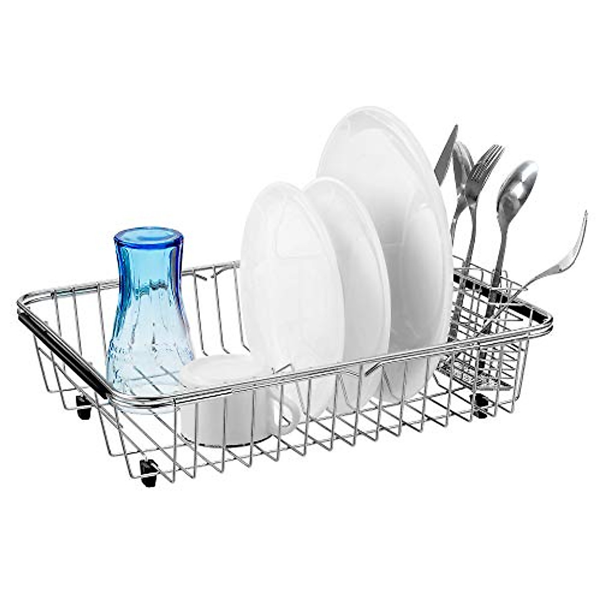 WEGAP Dish Drying Rack Over or in Sink, on Countertop with Wire Utensil Holder, Adjustable Handle Drying Dish Drainer Dish Rack, Storage Organizer for Kitchen,