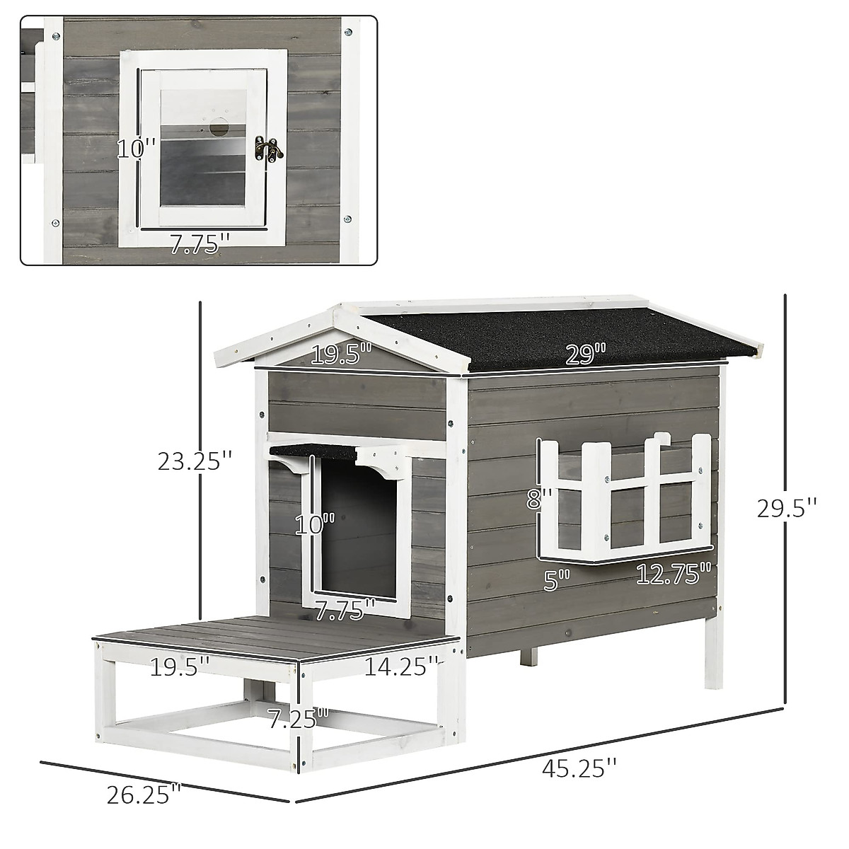PawHut Wooden Cat House Outdoor with Door, Weatherproof 2-Floor Cat Shelter with Asphalt Roof, Balcony, Dark Gray
