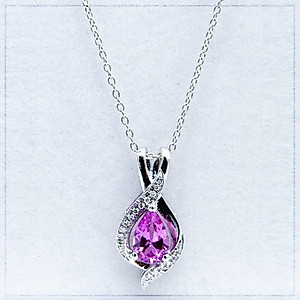 Dazzlingrock Collection 9x6 mm Pear Lab Created Pink Sapphire & Round White Diamond Swirl Teardrop Pendant with 18 inch Silver Chain for Women in 14K White Gold