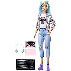 Barbie Career of the Year Music Producer Doll (12-in), Colorful Blue Hair, Trendy Tee, Jacket & Jeans Plus Sound Mixing Board, Computer & Headphone Accessories, Great Toy Gift