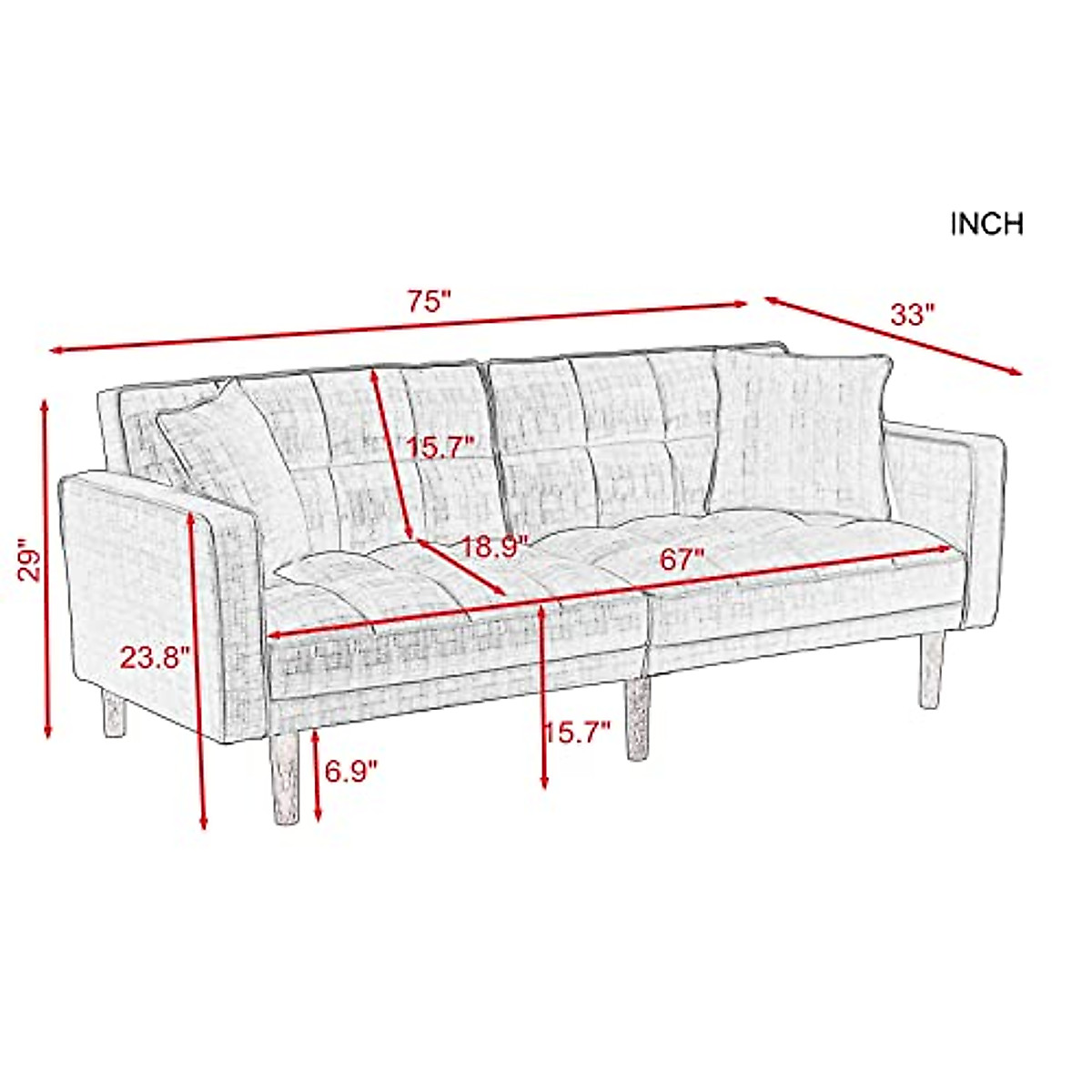 LCH Modern Tuft Futon Couch Convertible Loveseat Sleeper Reclining Sofa Bed Twin Size with Arms and 2 Pillows for Living Room, Dark Grey