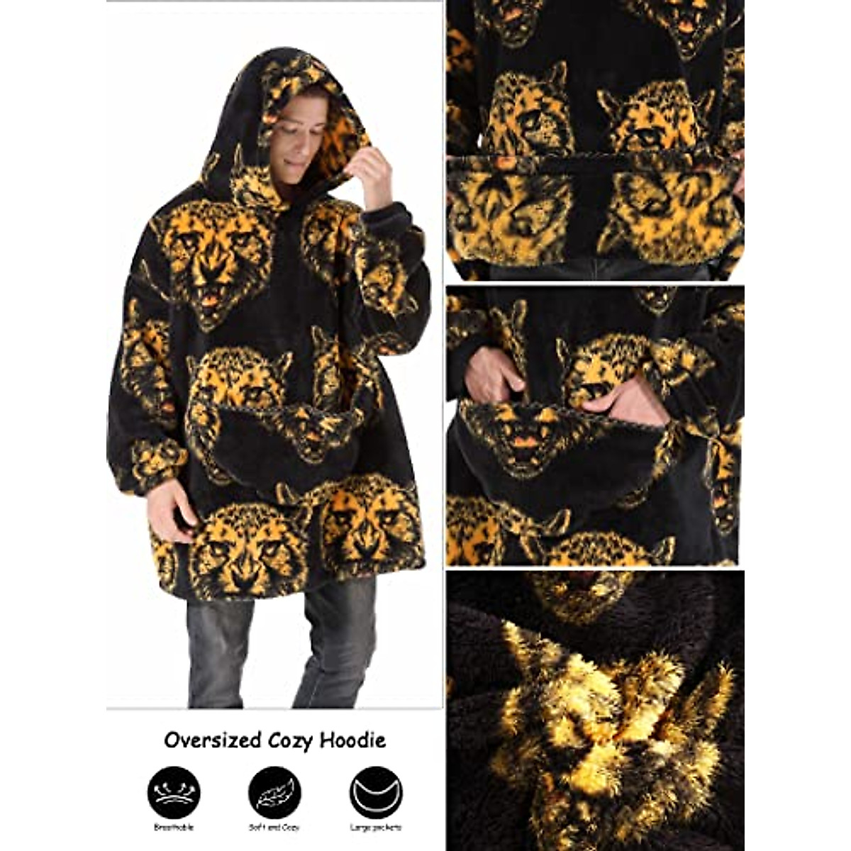 Lushforest Wearable Blanket oversized Hoodie, Super Warm and Cozy Sherpa Fleece Hooded body Sweatshirt Blanket, Thick Flannel Blanket with Elastic Sleeves and Giant Pocket for Women Adults Men Teens