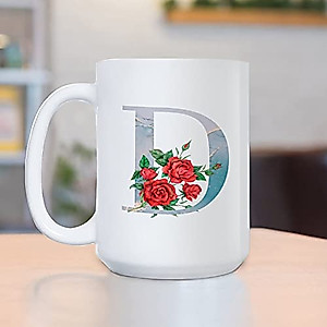 Monogram Letter D Coffee Mug Watercolor Blue Letter Rose Flower Funny Coffee Mugs Alphabet Letters Drinking Cups Drinking Cups with Handle Retirement Gifts For Mom Dad Grandma Grandpa Women Men 15oz