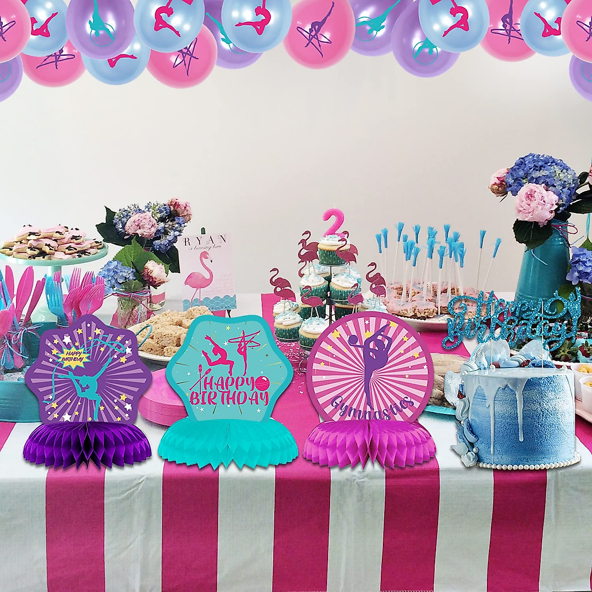 Gymnastics Party Decorations, Gymnastic Birthday Party Supplies with Birthday Banner, Honeycomb Centerpieces, Gymnastics Party Latex Balloons for Girls Gymnastics Theme Dance Party (A)