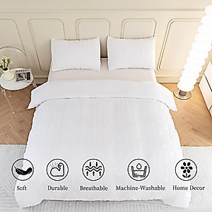 LETSLEEP White Duvet Cover Set Twin/Twin XL Size, 2 Piece Ultra Soft Boho Striped Textured Long Quilt Cover & Pillow Shams, Embroidery Shabby Chic Bedding Duvet Cover for Adult and Kids