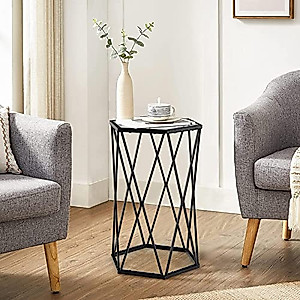 Giantex Glass End Table, Hexagon Side Table w/Metal Frame, Small Coffee Accent Table for Small Space for Living Room Balcony, Modern Style Bedside Table Nightstand