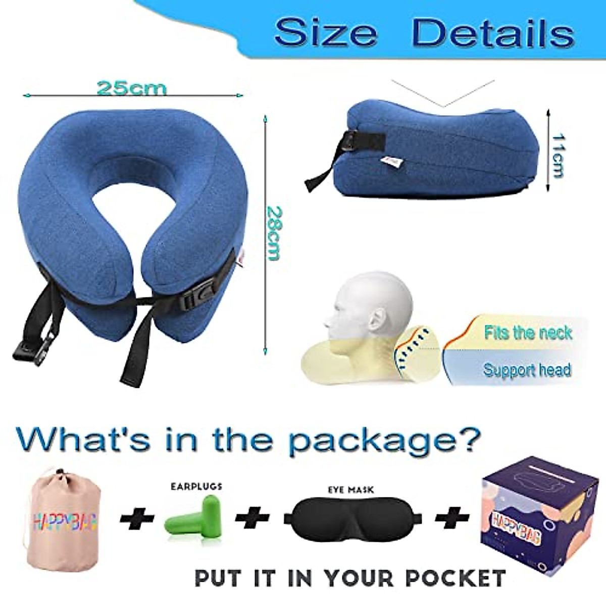 HAPPYBAG Neck Pillow for Travel Memory Foam Neck Support Pillow,Portable Removable and Machine Washable,for Airplane Car Home Use Sleeping Rest Headrest (HD-Blue)