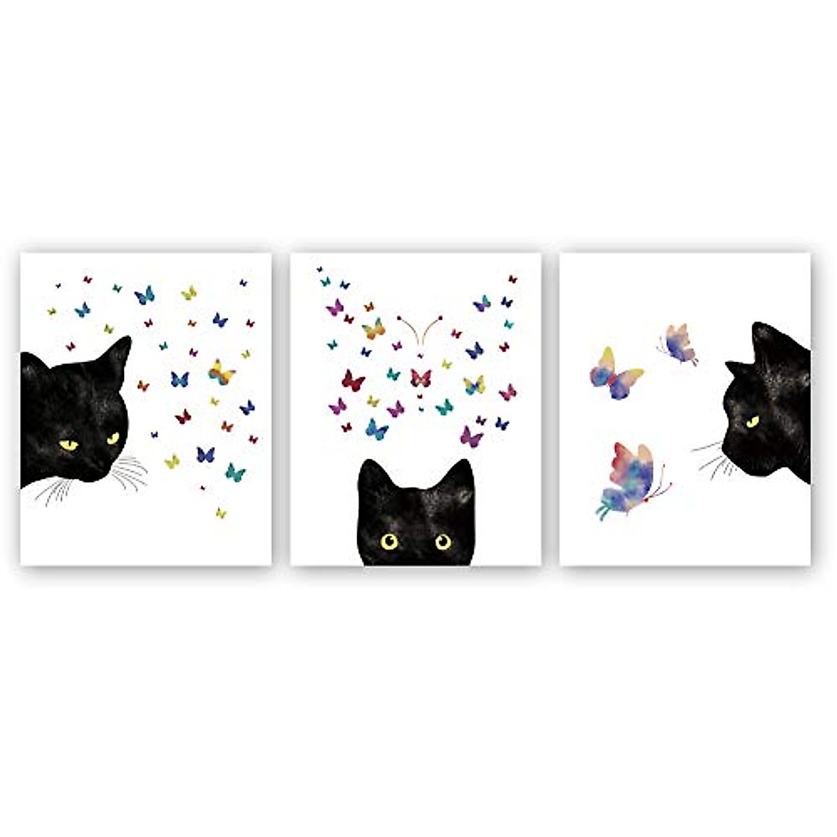 KAIRNE Black Cat With colorful Butterfly Art Print,Set Of 3(8”X10”) Watercolor Animals Canvas kitten Poster Rainbow Cat Painting,Modern Wall Art,Cat Gifts for Women,Girls Bedroom,House decor.