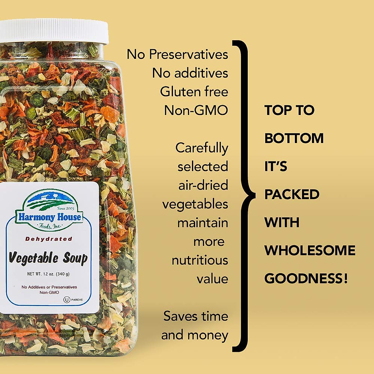 Harmony House Premium Vegetable Soup Mix - Dehydrated Vegetables for Cooking, Camping, Emergency Supply and More (9 oz, Quart Size Jar)