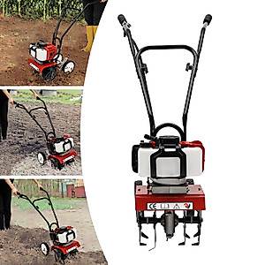 Tiller Cultivator, Powerful 52cc 2 Stroke Air-cooled Gas Engine, Gear Drive Transmission, Farm Yard Garden Tilling Tool, 6500 rpm, Red