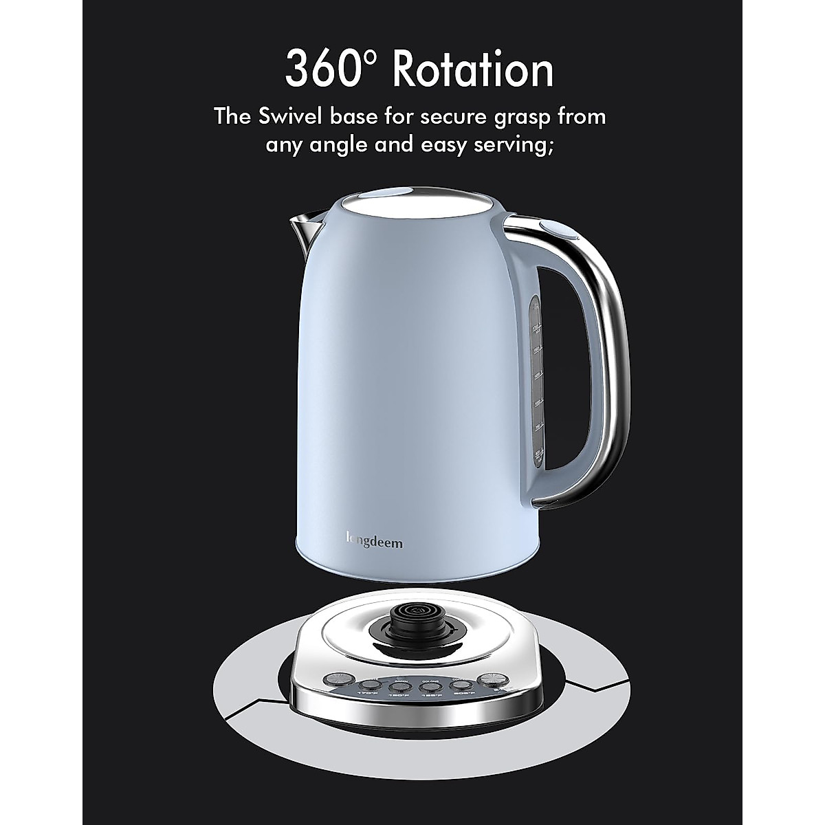 Electric Tea Kettle with Temperature Control, Longdeem 1.7L Stainless Steel Water Boiler & Heater, 1500 Watts for Fast Boiling, Cordless Serving with LED Light, Pastel Blue