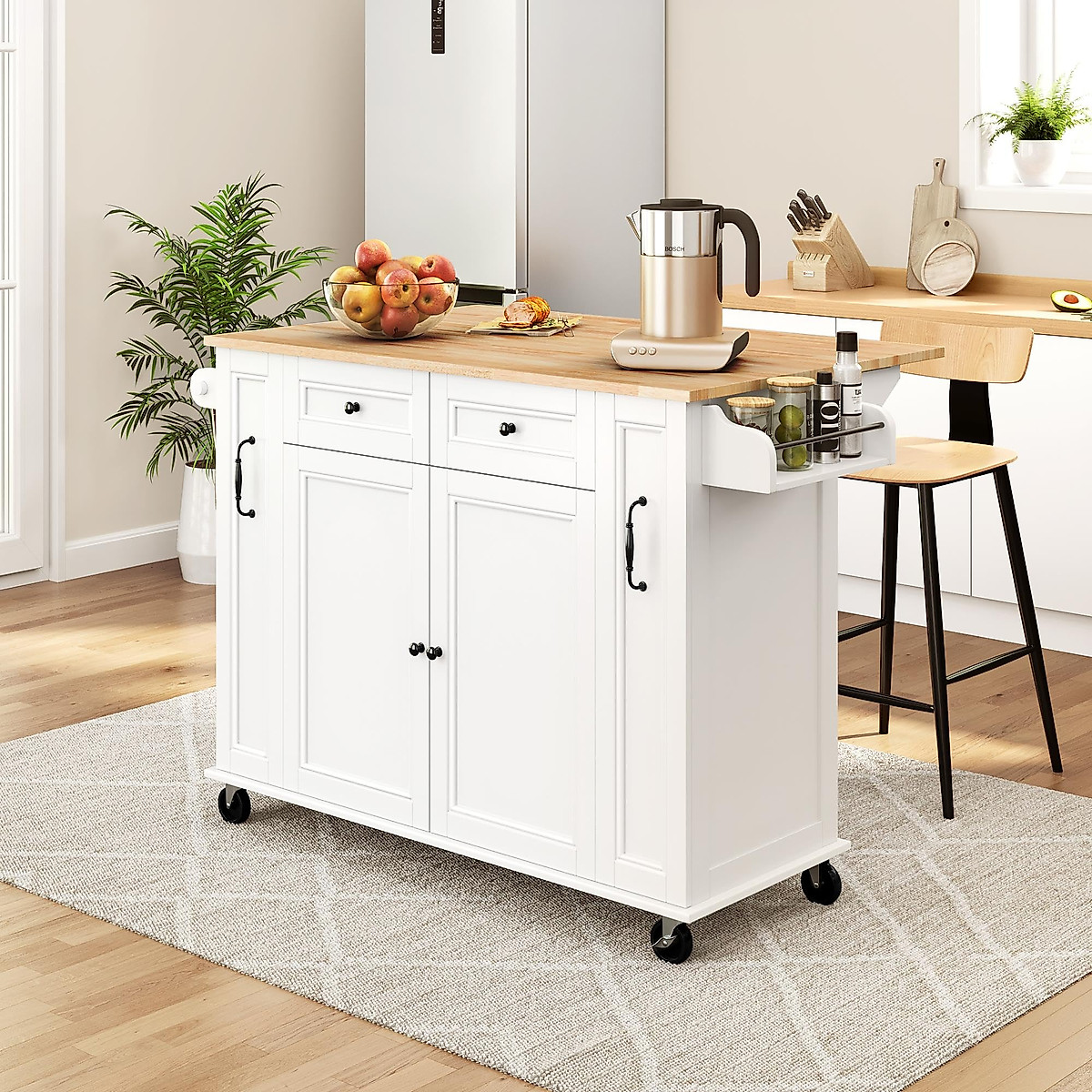 Topeakmart Kitchen Cart with Drop-Leaf Rubberwood Top, Rolling Kitchen Island with 2 Side Pull-Outs & 2 Drawers & Spice Rack, Kitchen Storage Cabinet on Wheels for Dinning Room, 52 Inch Width, White