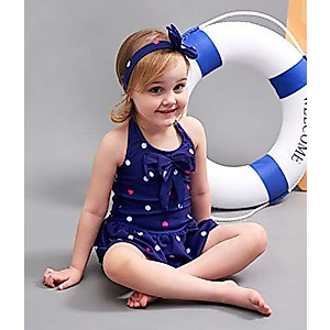 Jastore Baby Girls Swimwear One Piece Swimsuits Beach Wear with Headband (12-24 Months, Blue)