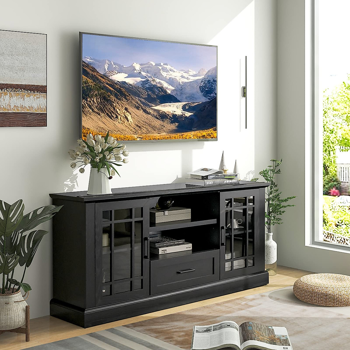 Tangkula Farmhouse TV Stand for TV up to 70 Inch, Tall Media Console Table w/2 Glass Doors, Entertainment Center w/Cubbies & Drawer, Storage Cabinet or Sideboard Buffet for Living Room (Black)