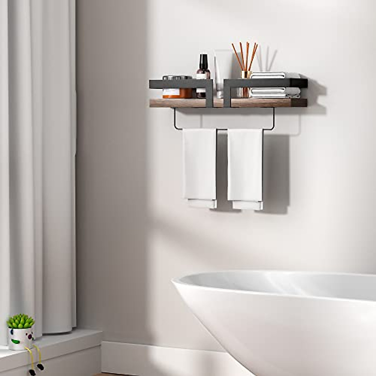 Benlang Floating Shelves Wall Mounted Set of 2,24 Inch Farmhouse Shelves Bathroom Shelves with Towel Bar, Wall Decor Wood Shelves for Kitchen,Bedroom,Office,Living Room,Laundry Room,Rustic Brown