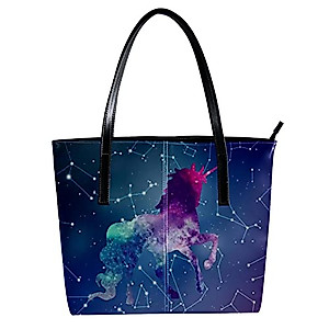 Women’s Leather Tote Bag, Unicorn Constellation Large Heavy Duty Shoulder Bag Travel Work School Handbag