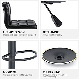 Vogue Furniture Direct PU Leather Square Bar Stools, Modern Adjustable Swivel Barstools with Back, Armless Airlift Counter Height Chairs for Kitchen Dining Pub Cafe, Set of 2 (Black, Black Base)