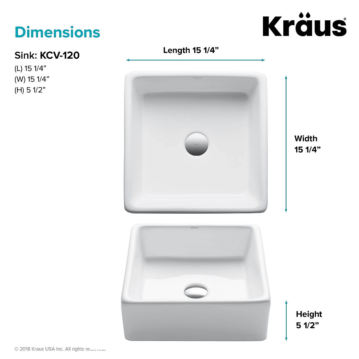 Kraus KCV-120 Square Ceramic Bathroom Sink, White, 15 Inch