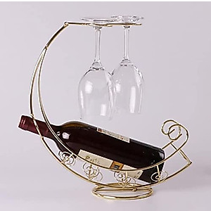 Homya Tabletop Metal Wine Bottle Rack Elevated Vertical Countertop Wine Glass Display Organizer, Dining Table Offers Wine Glasses as Gifts, Holds 1 Bottle 2 Glasses, Plating Craft Gold Glod