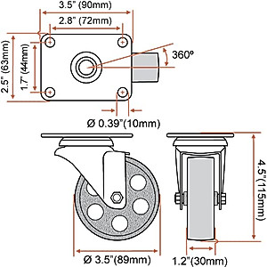 4 Pack Large Steel Swivel Caster Wheel Heavy Duty 3.5" Wheel (3.5" No Brake)