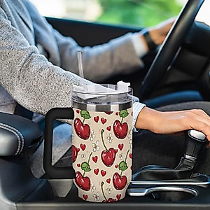 Cherry Flower Heart Tumbler with Handle Travel Mug Water Bottle Tea Coffee Cup Black-style