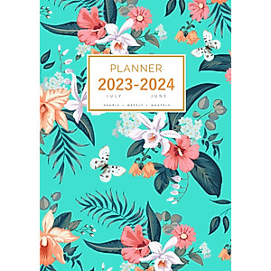 Planner July 2023-2024 June: A4 Large Notebook Organizer with Hourly Time Slots | Orchid with Tropical Flower Design