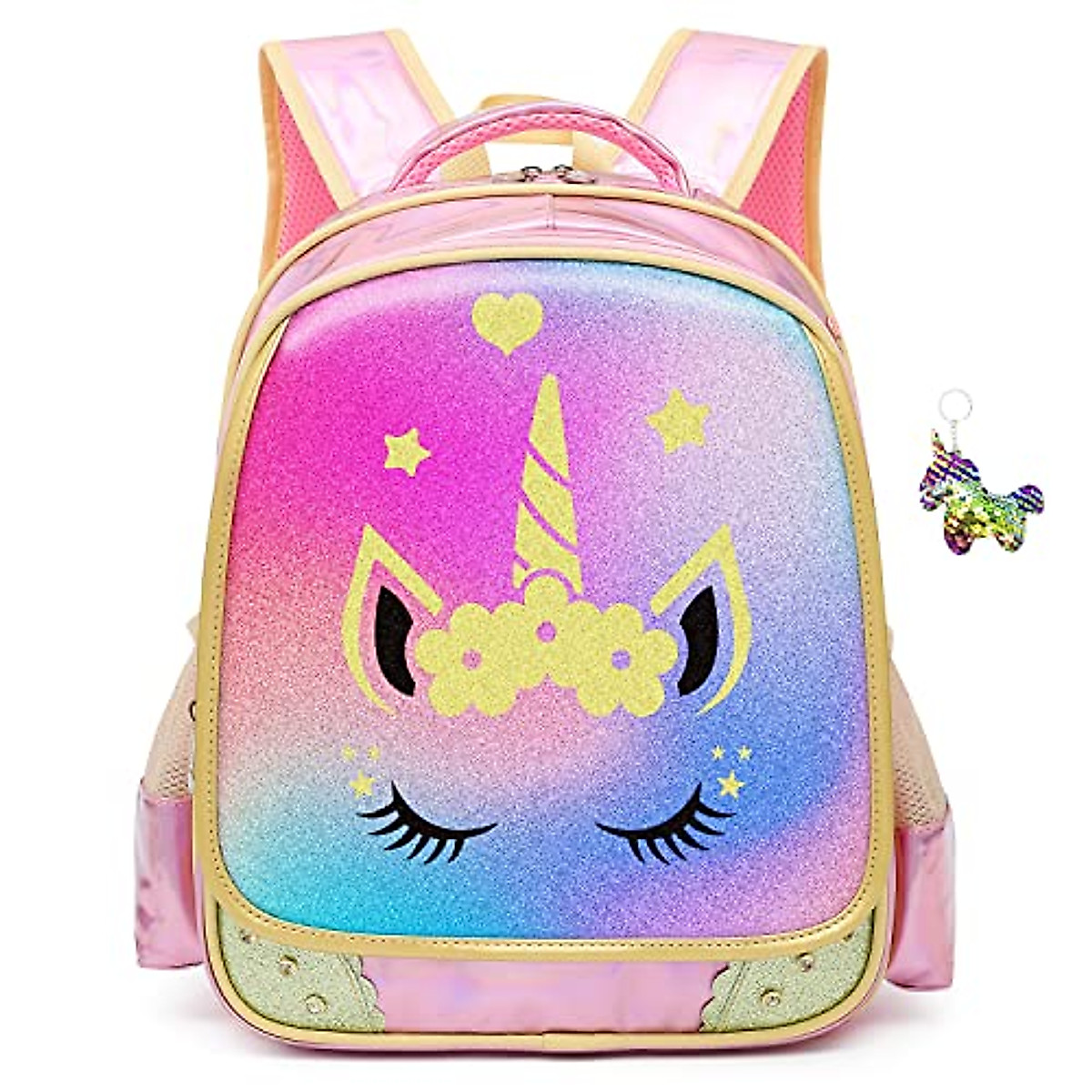 Mloovnemo Girls Elementary Primary School Bag Unicorn Backpack Diamond Glitter Princess School Backpack Large Capacity (Large, Pink Unicorn with sequins lunch bag)